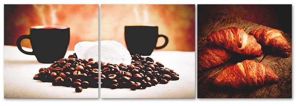 Gario Sada obrazů na plátně Káva a croissanty - 3 dílná Rozměry: 90 x 30 cm