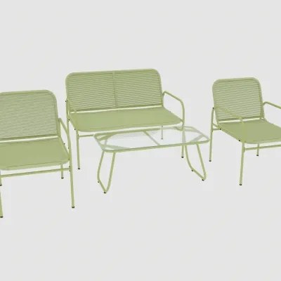 Outsunny venkovní ratanový lounge set pro 4 osoby, 2místná pohovka, 2 křesla, stůl z tvrzeného skla, ocelový rám, zelený