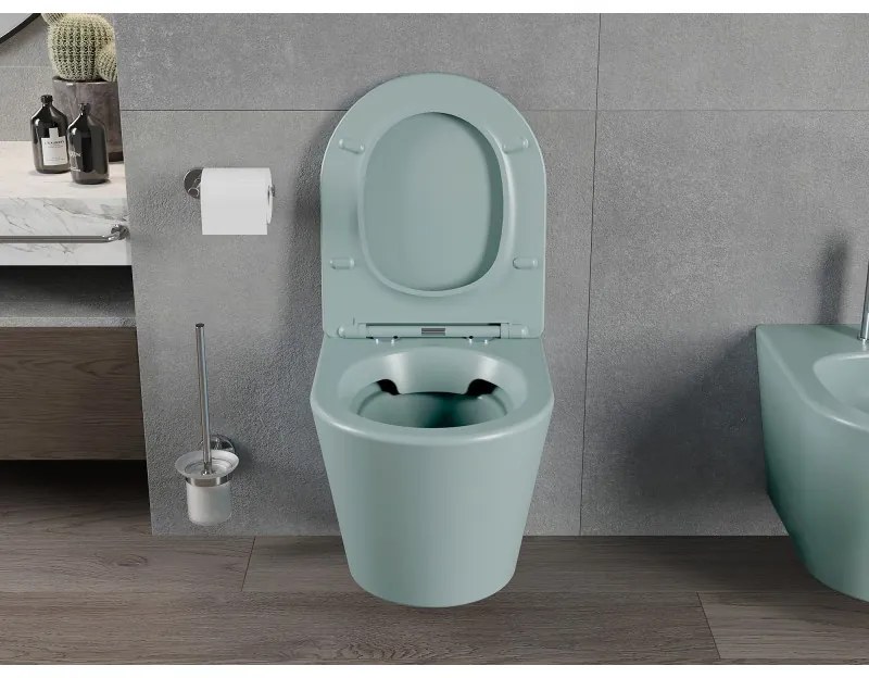 Mexen Rico WC mísa Rimless s pomalu padající deskou slim, duroplast, Světle matová zelená - 30724048