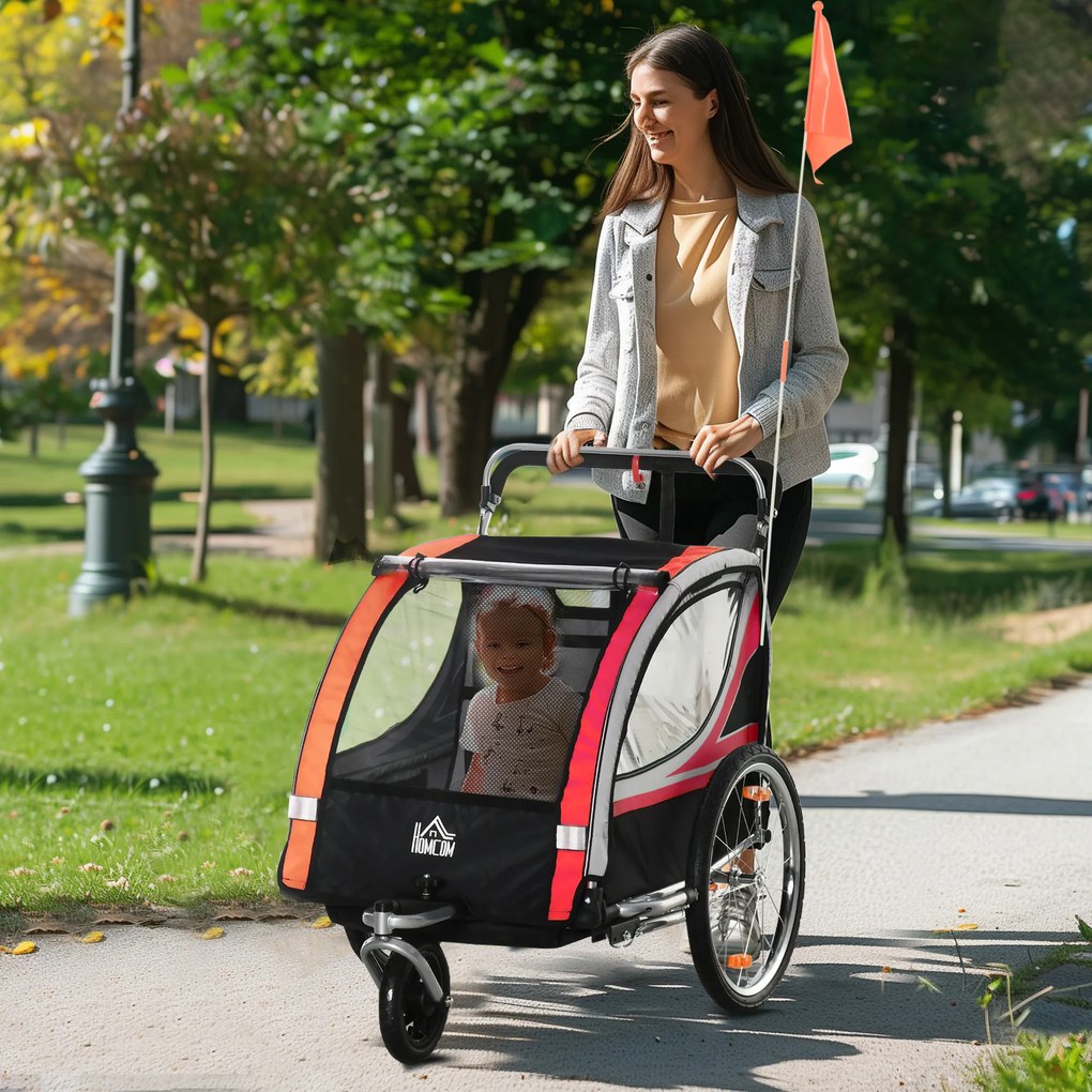 Dětský přívěs na kolo HOMCOM 2 v 1 s odpružením, síťovanými dvířky, předním kolem otočným o 360° a brzdou, červeno-černý, 142x75x101cm
