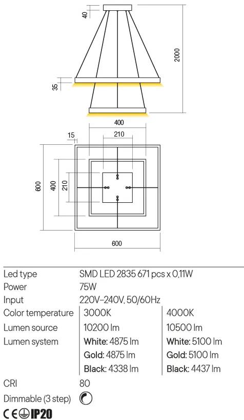 Redo Závěsné LED svítidlo Febe - 2 čtverce, ø60cm/ø40cm Barva: Bílá, Chromatičnost: 4000K