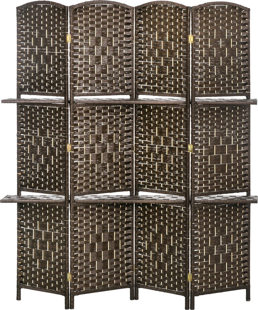 HOMCOM Paravan 4 Panely 160 x 170 cm s 2 Policemi, Skládací, Borovicové Dřevo pro Kancelář, Obývací Pokoj, Ložnici, Hnědý