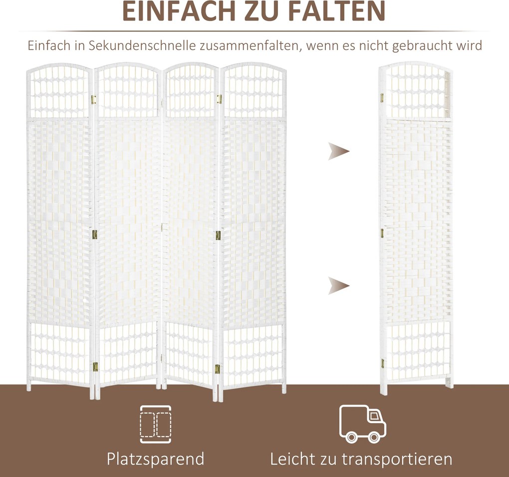 HOMCOM Skládací Předěl s 4 Panely 160x170 cm, S Rámem z Dřeva a Papírovým Provázkem pro Ložnici a Obývací Pokoj - Bílá