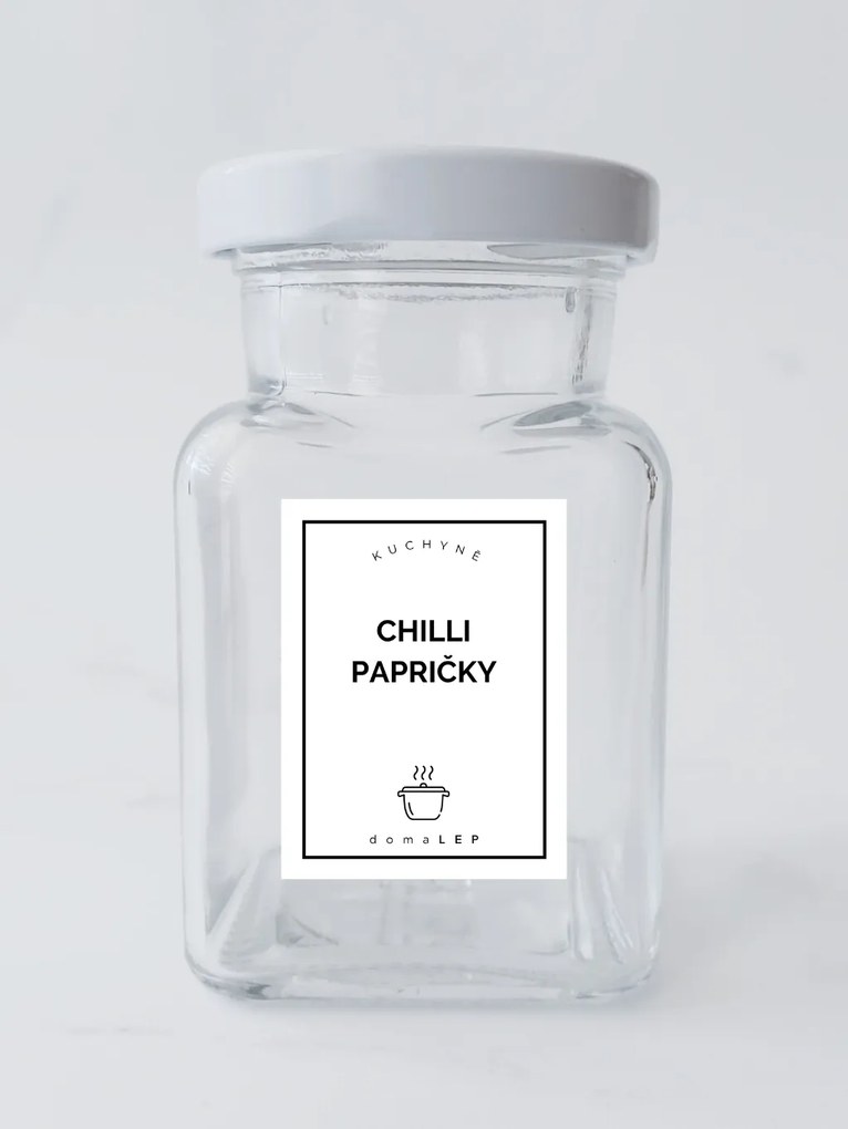 Samolepka na kořenky CHILLI PAPRIČKY bílá 3 × 4 cm tučné písmo