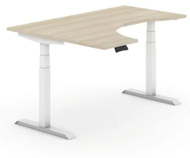 Výškově nastavitelný stůl, elektrický, 625-1275 mm, ergonomický levý, deska 1600x1200 mm, dub, bílá podnož
