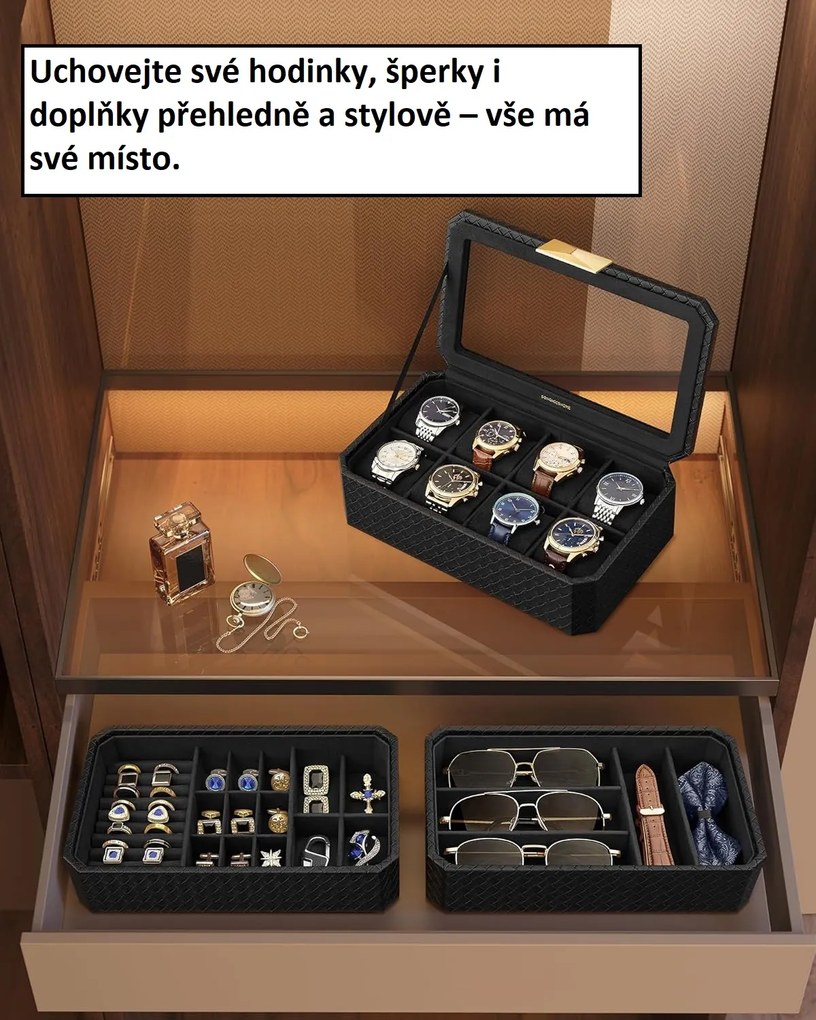 Organizér na hodinky a šperky se třemi přihrádkami, černý JWB021B01