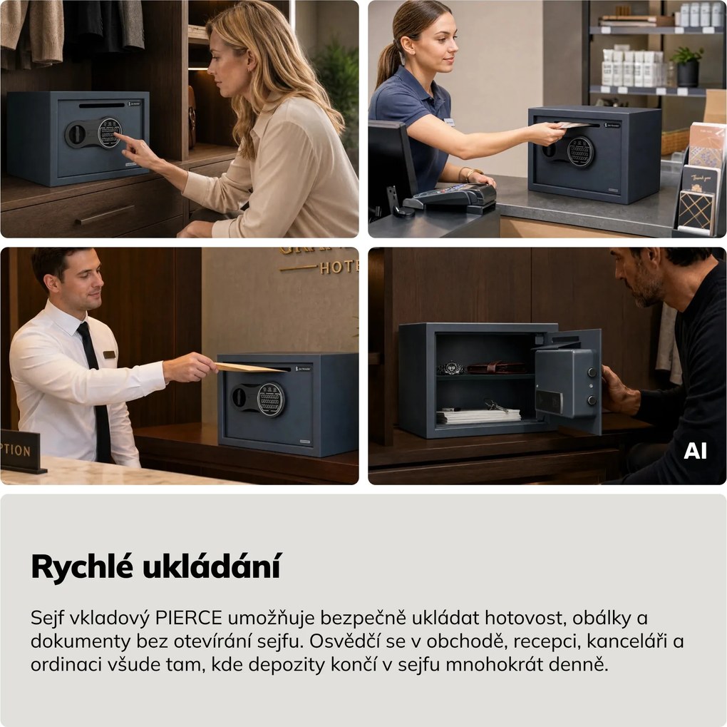 Malý vhazovací trezor na kód, elektronický, na tržbu a obálky, 350x250x250 mm: PIERCE