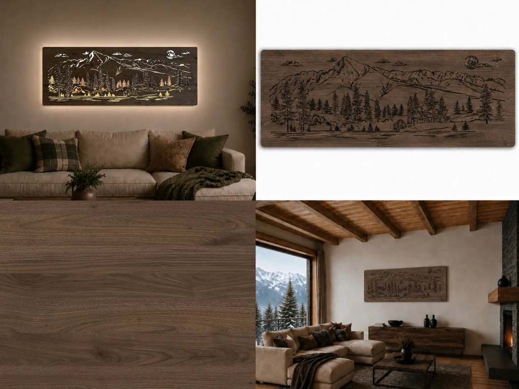 Li-Go "Chata v horách" světelný obraz s baterií a pohybovým čidlem 130x50 cm provedení povrchu: ořech