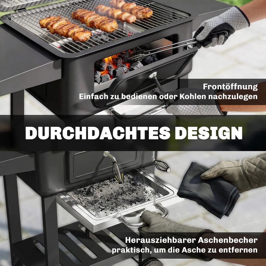 Gril na dřevěné uhlí BBQ udírna s víkem Teploměr výškově nastavitelná pánev na dřevěné uhlí Komín Grilovací rošt Boční stolek Popelník