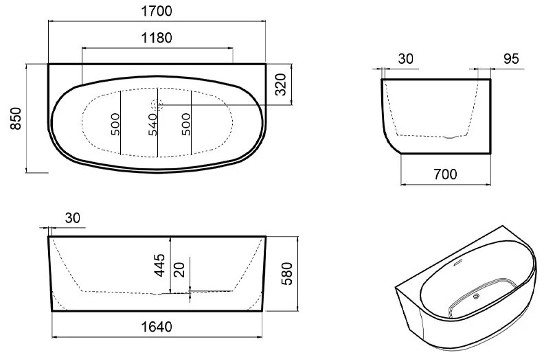 BPS-koupelny Volně stojící akrylátová vana ke stěně NR526D 170x85 bílá, odtokový komplet zlatý