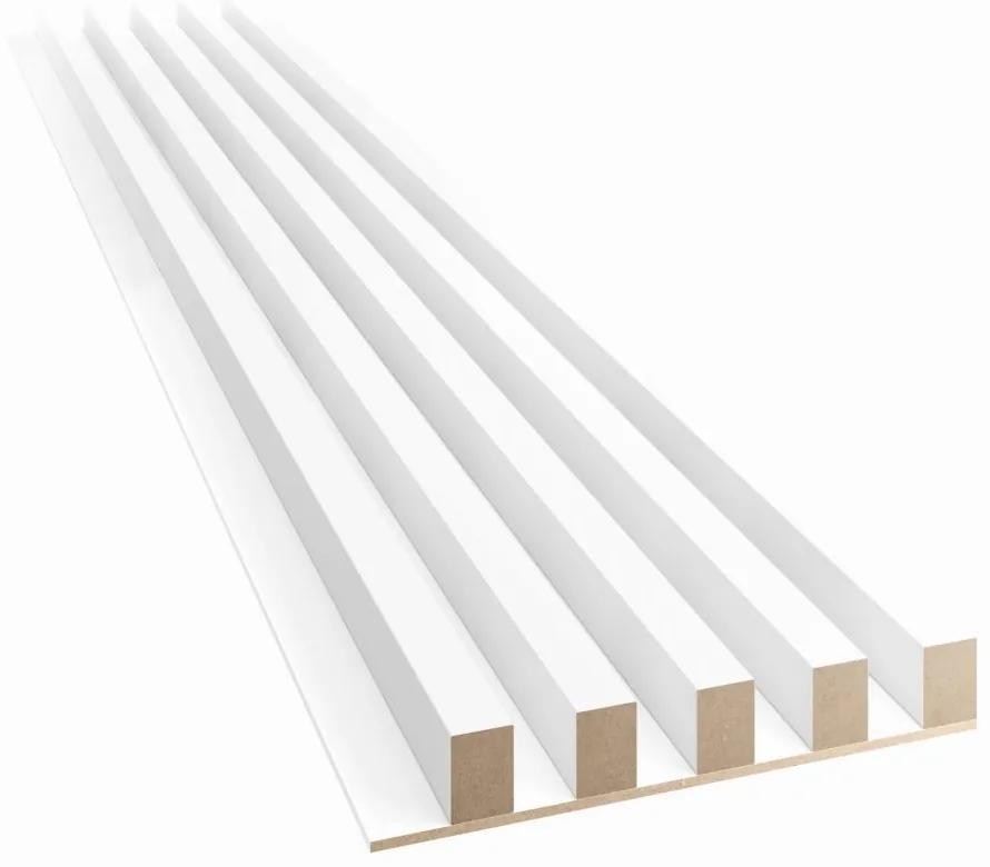 Akustický panel, podklad bílá MDF deska, široká lamela, bílý mat, 30x275 cm