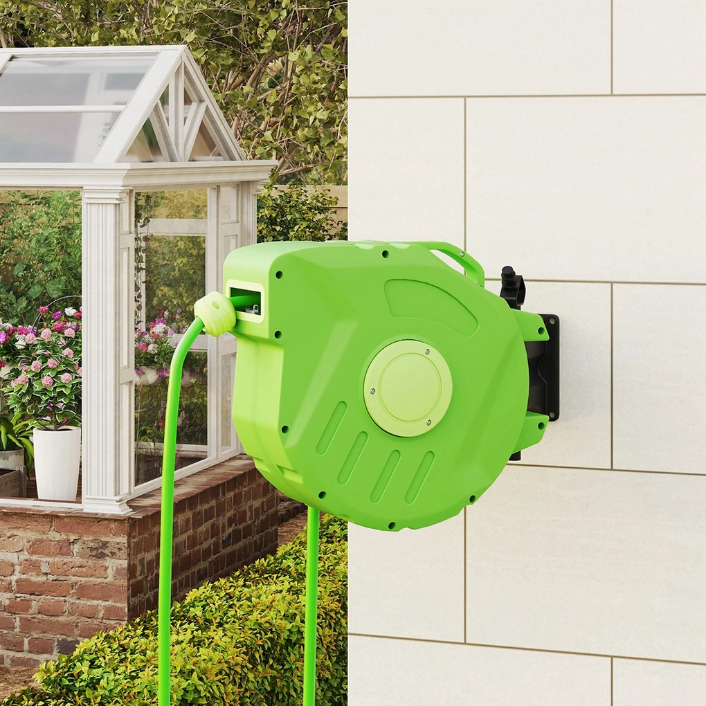 Outsunny Automatický Navíječ Hadice 15+1,5m – Zelená, 180° Otočný Hadicový Navíječ do Zahrady