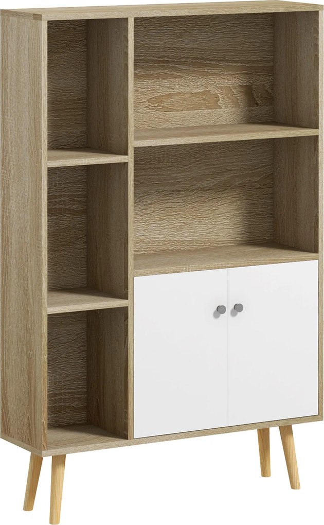 HOMCOM Knihovna v severském stylu z ořechového dřeva, rozměry 80L x 23,5W x 123H cm, 5 polic, skříňka s 2 dveřmi, zúžené nohy ze solidního borového dř