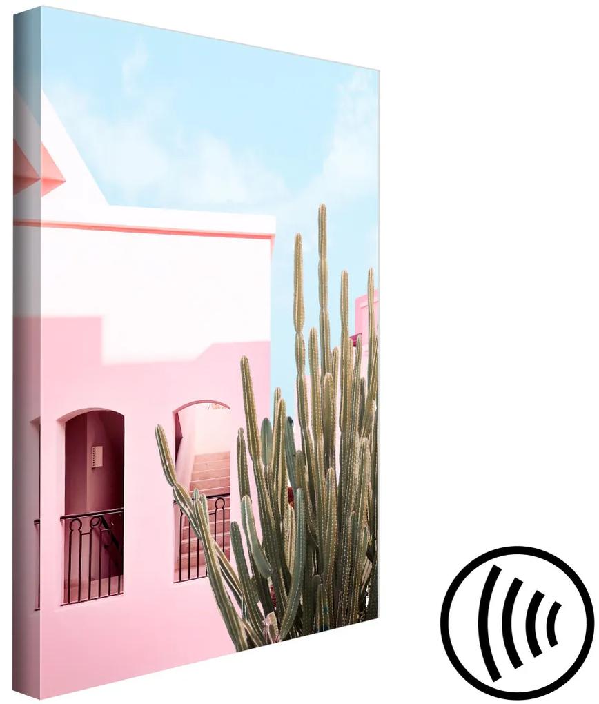 Obraz Kaktus Miami - růžový dovolenkový dům na pozadí modrého nebe