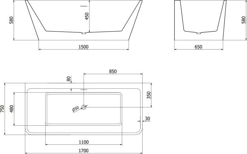 Mexen Volta, volně stojící nástěnná vana 170 x 75 cm, bílá-černá, zlatý matný přepad, 51131707575-55