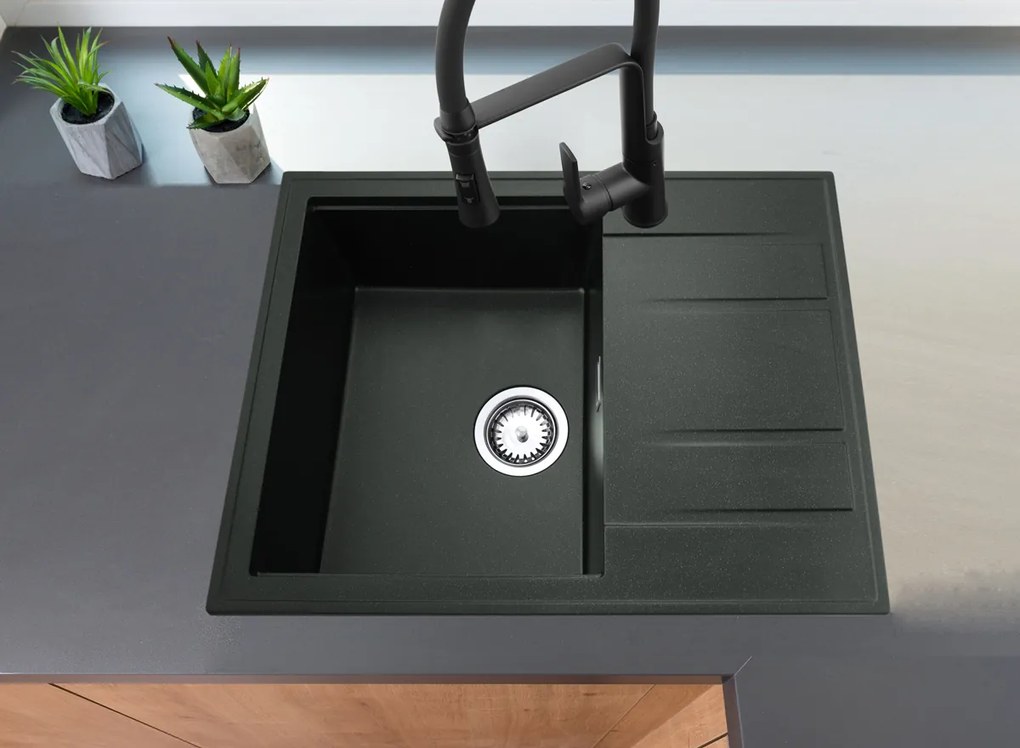 Gamma Modern 6550, 1-komorový granitový dřez 650x500x210 mm s krátkým odkapávačem, černá se zlatými body, GMA-ZLE000093
