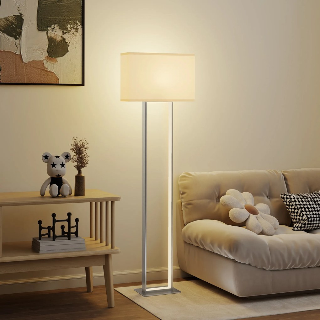 HOMCOM Moderní stojací lampa, 3 režimy, nožní spínač, nastavitelná jasnost, vzhled lnu, bílá