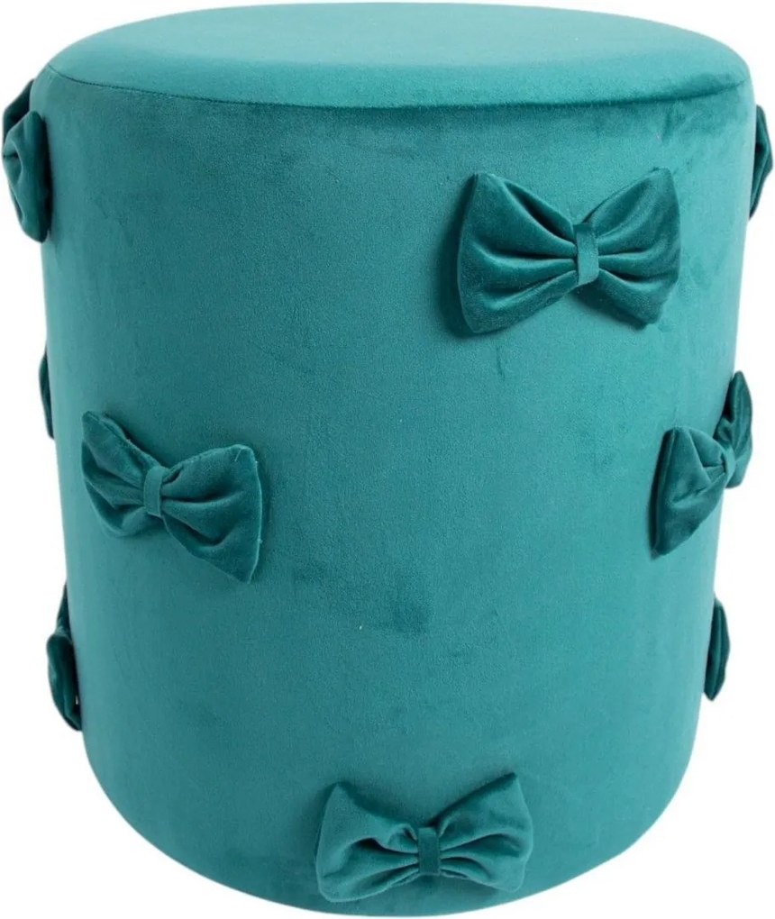 Tyrkysový sametový taburet s mašlemi Pouf Bow petrol – 37*37*42 cm