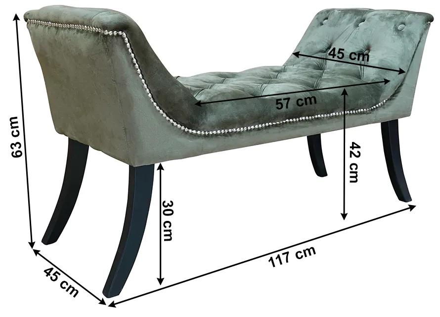 Designová lavice HEMY TYP 2 sametová látka Velvet olivově zelená, nohy dřevo černé