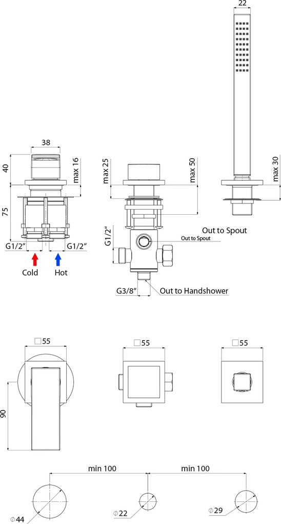 Sapho Sapho, DIMY tříprvková baterie na okraj vany, chrom, DIMTECH3