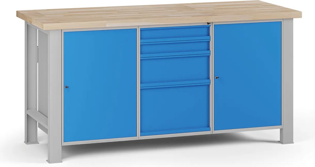 Dílenský pracovní stůl G7, buková spárovka, 1700 x 685 x 840 mm, 2x skříňka, 4 zásuvky, modrá