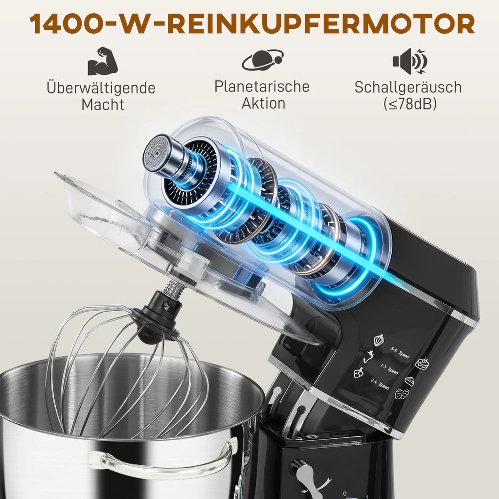 HOMCOM Kuchyňský robot s hnětacím strojem, 7l nerezová mísa, 1400 W, s naklápěcí hlavou, hnětací hák, metla, šlehací metla