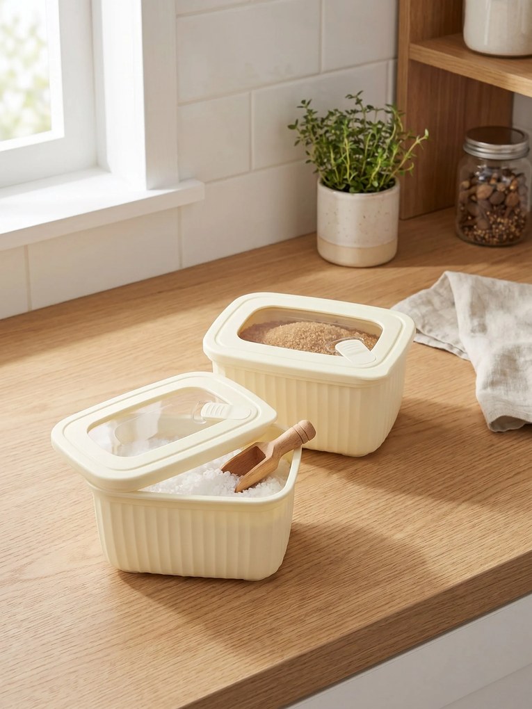 Sinsay - Žebrované nádoby na potraviny s průhlednými víčky 2 pack - krémová