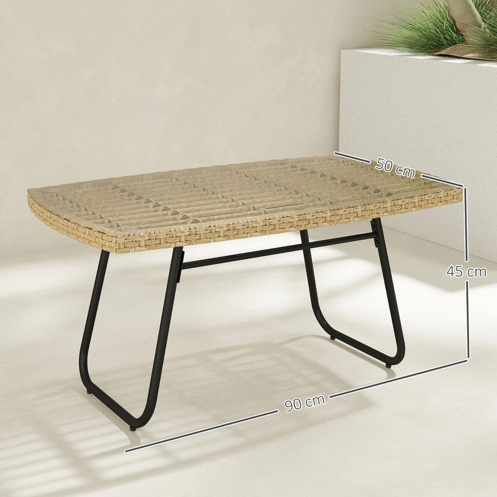 Zahradní stůl Outsunny z poly ratanového materiálu, 90 x 50 x 45 cm, UV odolný boční stůl se skleněnou deskou, obdélníkový stůl na terasu, balkonový …
