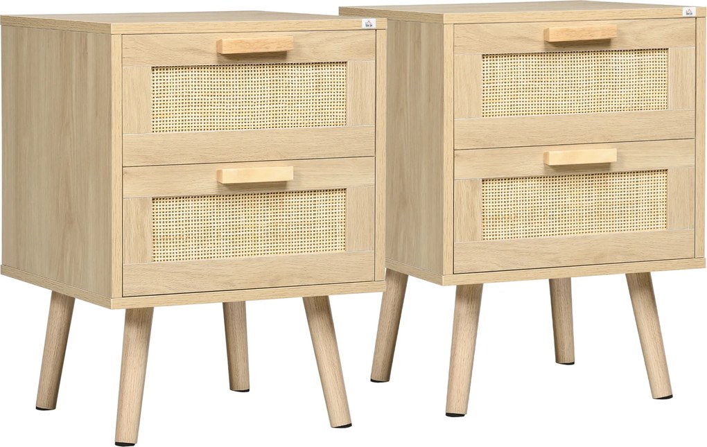 HOMCOM Set 2 Nočních Stolků, Boční Stoly, 2 Zásuvky s Ratanovými Předními Stranami, Boho Styl, Noční Stolky, Nohy z Přírodního Borového Dřeva