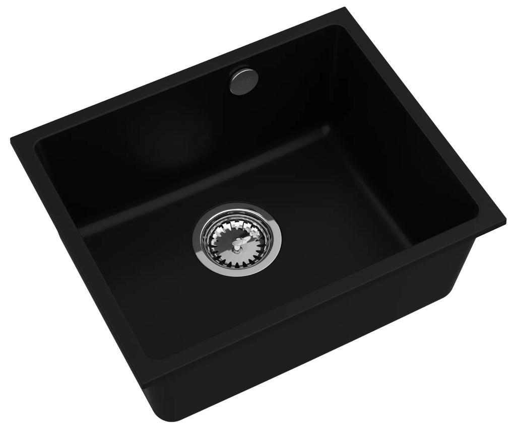 Sink Quality Crypton 55, kuchyňský granitový dřez 460x375x205 mm + chromový sifon, černá, SKQ-CRY.C.1KBO.55.X