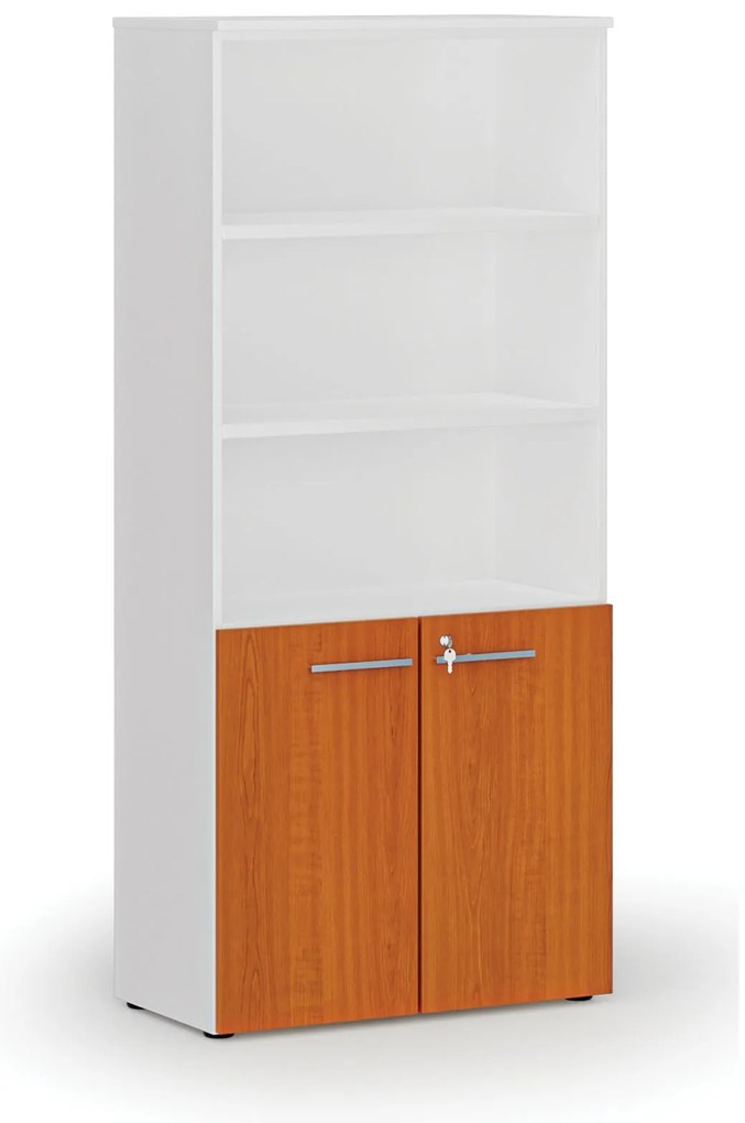 Kombinovaná kancelářská skříň PRIMO WHITE, dveře na 2 patra, 800 x 420 x 1781 mm, bílá/třešeň