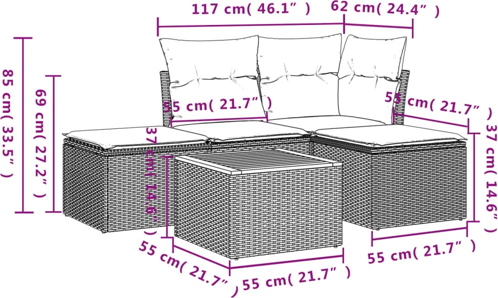 5dílná zahradní sedací souprava s poduškami černá polyratan 3223584