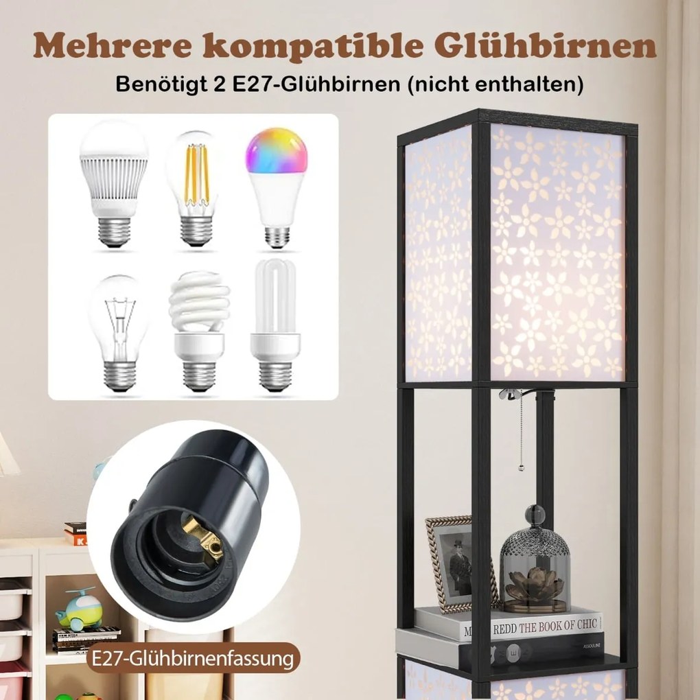 Costway 2 žárovková stojací lampa s 2 policemi Stojací lampa s 2 vyříznutým