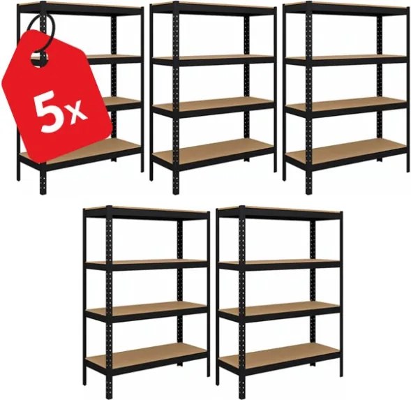 Akce 5x Regál 150x70x30 cm lakovaný 4-policový, nosnost 700 kg - černý
