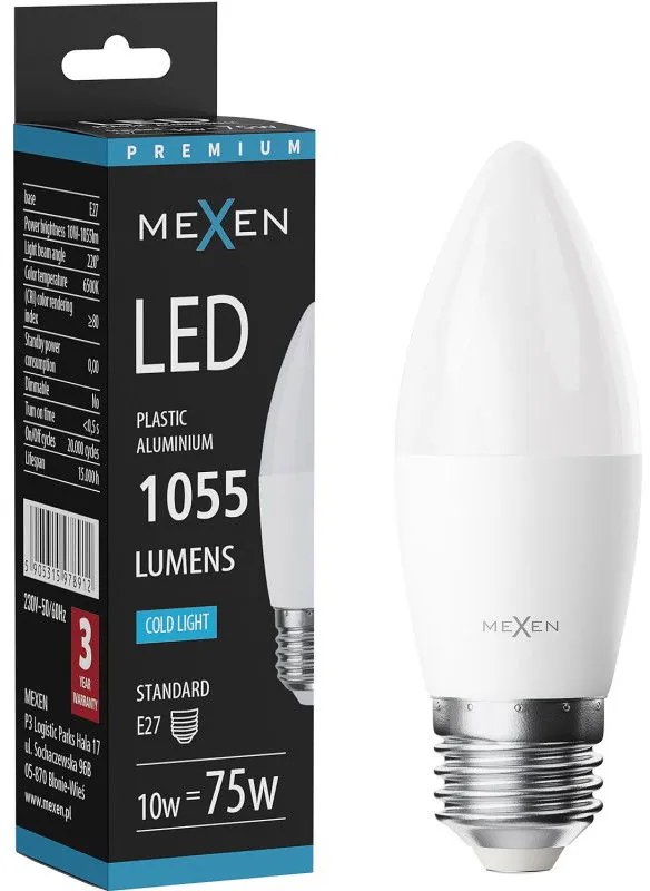 Mexen Nova LED žárovka E27, C37, 10W, Studená - 6500K, 1055 lm - L102-E27-1065-01