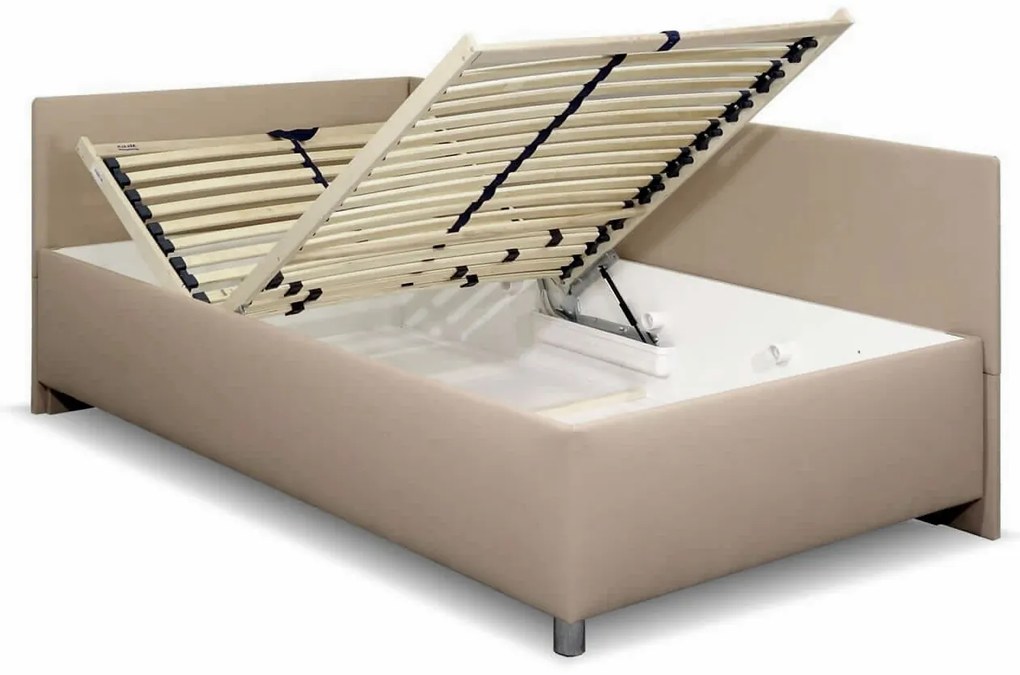 Rohová zvýšená čalouněná postel s úložným prostorem Ryana, 90x200, hnědá