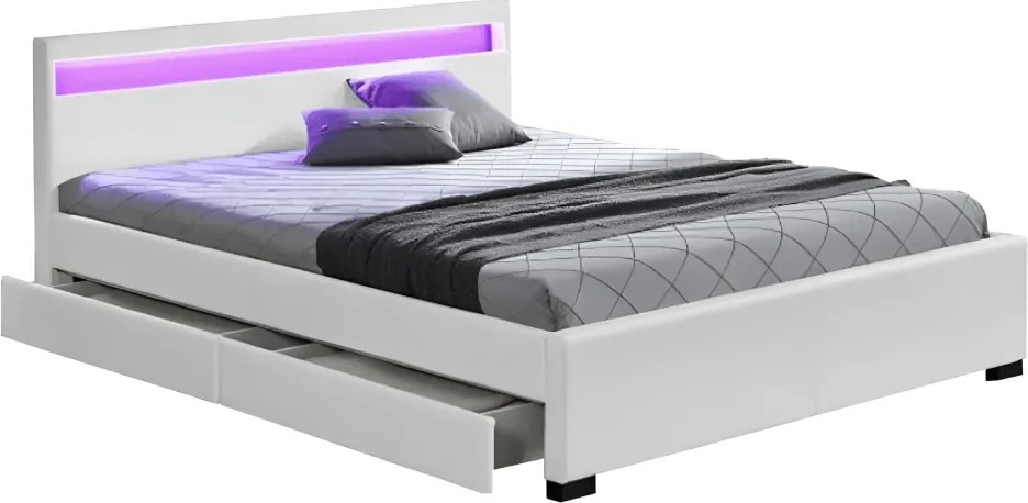Manželská postel s úložným prostorem, RGB LED osvětlení, bílá ekokůže, 160x200, CLARETA