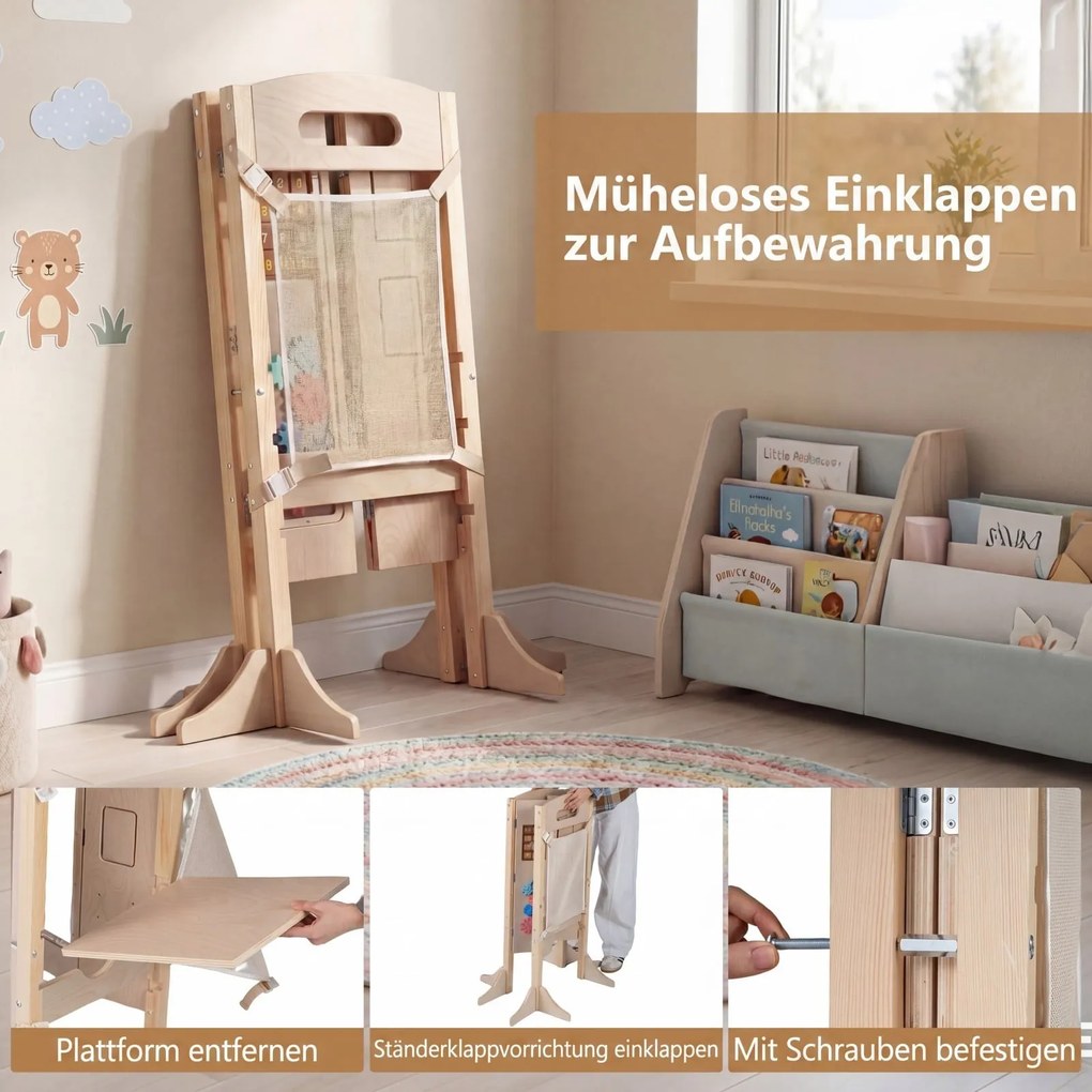 Costway Skládací výuková věž 3 ve výukové židli 1 Montessori s tabulí, ochranou