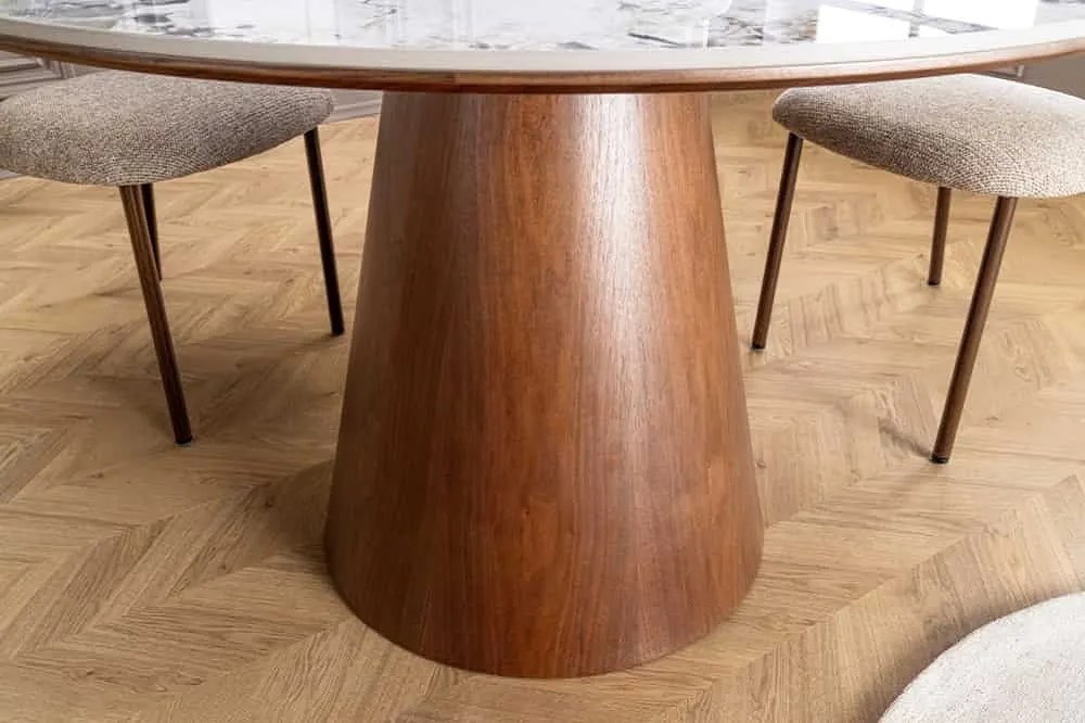 Kulatý keramický jídelní stůl Parthenia 120 cm bílý mramor / ořech