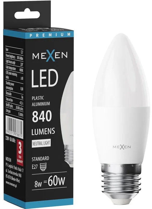 Mexen Nova LED žárovka E27, C37, 8W, Neutrální - 4000K, 840 lm - L102-E27-0840-01