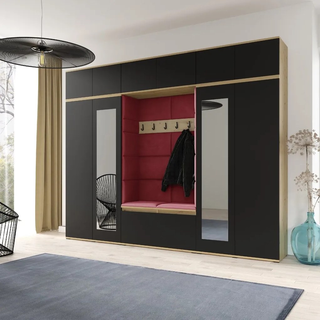 Eka Předsíňová stěna s čalouněnými panely Trinity 17 - Dub Artisan s černou / Rubínová 2324