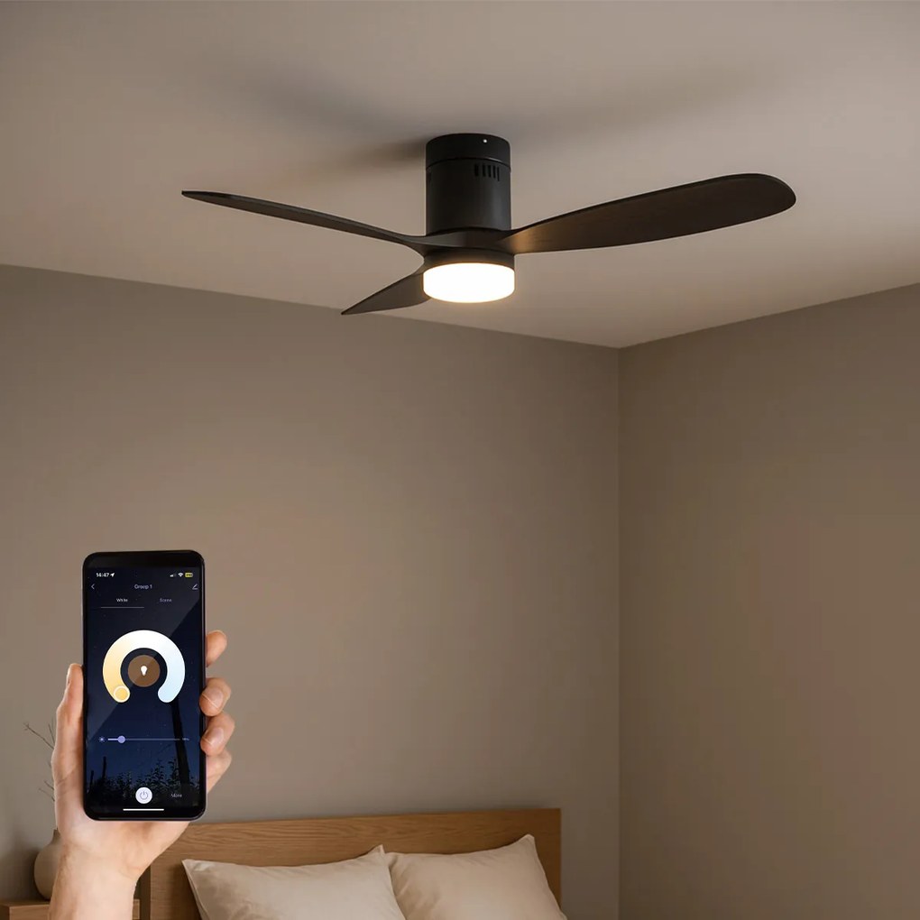 Chytrý stropní ventilátor černý 132cm vč. LED 3-stupňově stmívatelný v Kelvinech s dálkovým ovládáním - Sofia