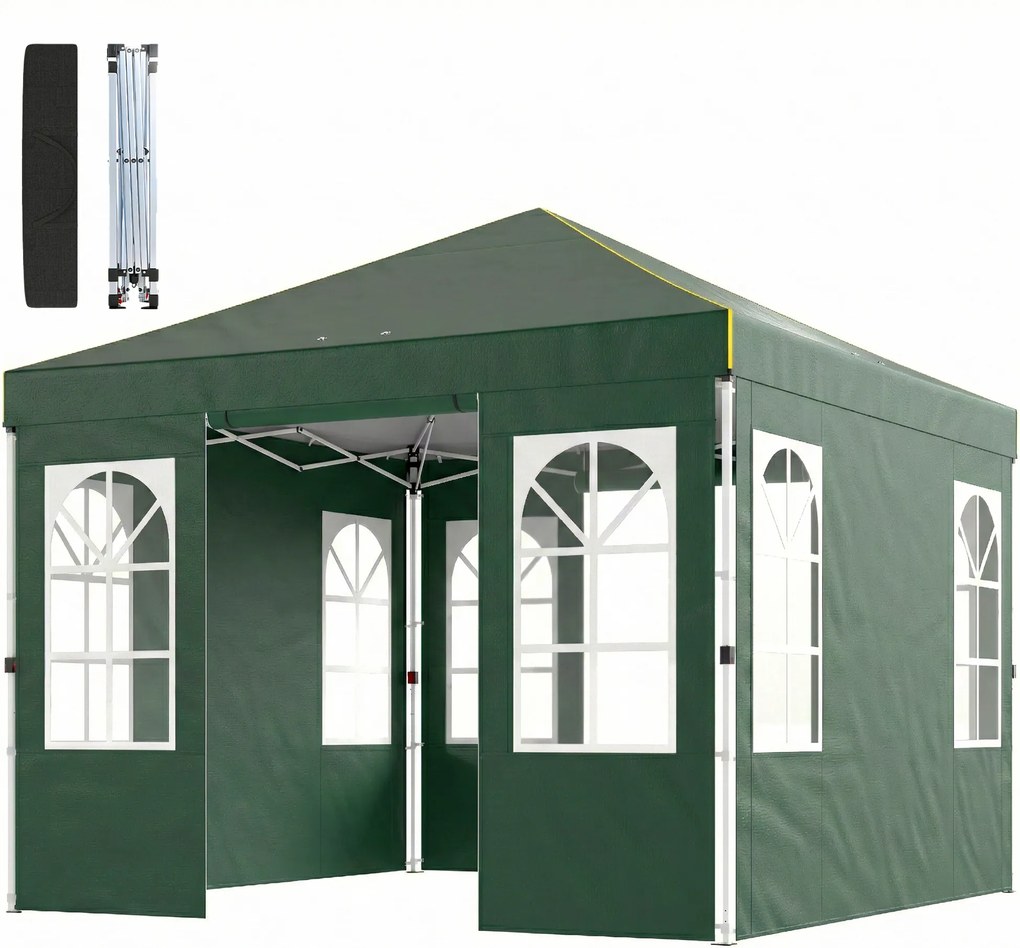 Outsunny skládací altán 3x3 m Pop-up s UPF50+ 4 odnímatelné boční díly nastavitelné výšky a cestovní taška zelená