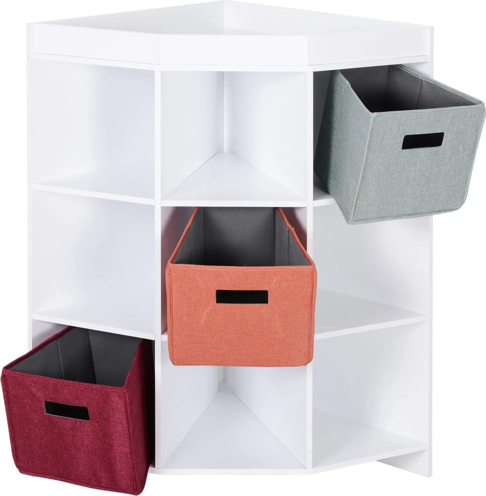 HOMCOM® Rohové regálové policové stojanové regály s 3 zásuvkami, úsporné místo, MDF, bílé