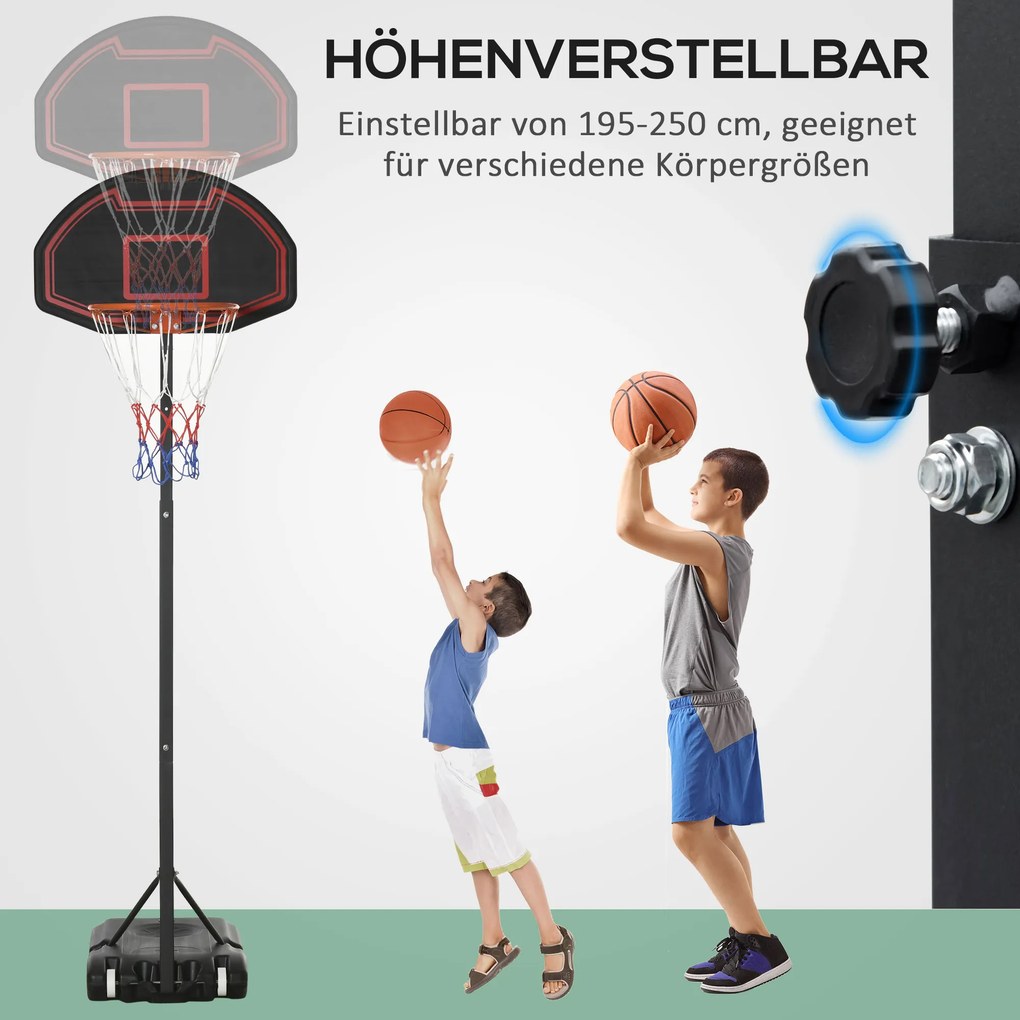 HOMCOM Basketbalový koš se stojanem Venkovní výškově nastavitelný 195-250 cm pro děti 8-14 let s kolečky