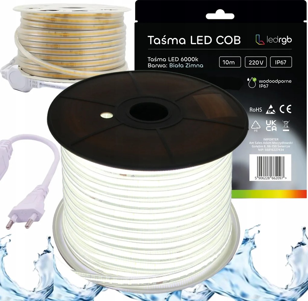 Set Led pásek Neon Cob 220V 230V 10 m 6000K Bílý Studený Napájecí Zdroj IP67