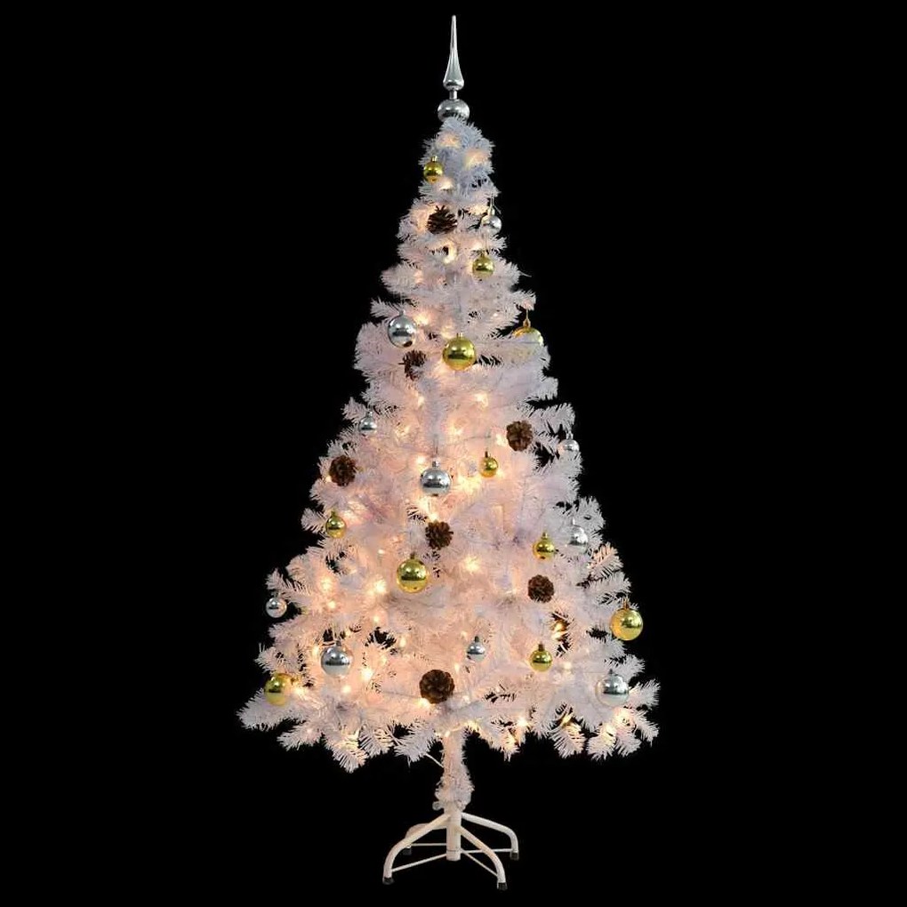 Vánoční stromek s LED osvětlením a baňkami bílý 150 cm 321502