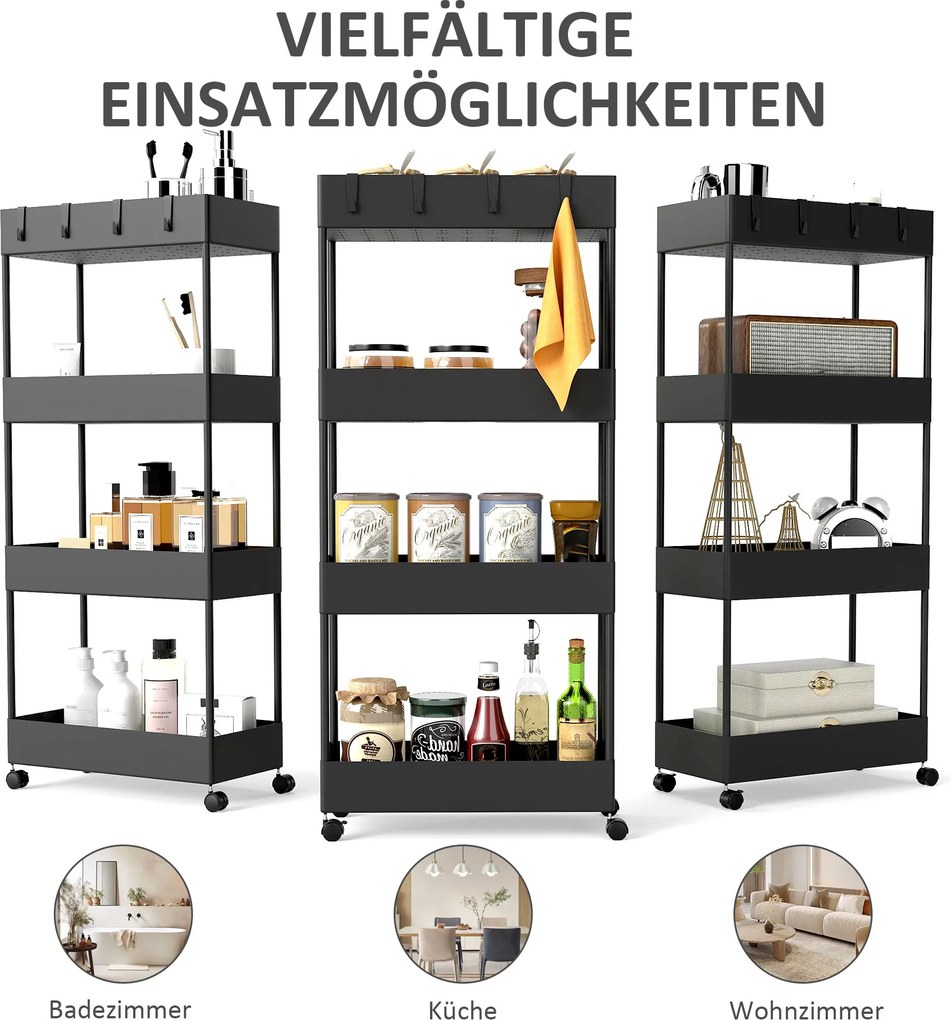 HOMCOM Servírovací Vozík se 4 Úrovněmi – Kuchyňský Vozík s Koly a Háčky, Víceúčelový Vozík pro Kuchyni, Kancelář a Koupelnu, Bílá a Černá