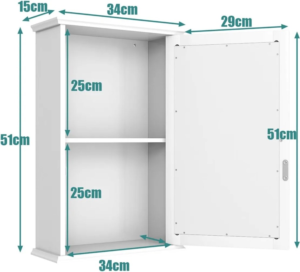 Costway Mirror Koupelnová skříňka Nástěnná Úložná s jedním – 34 × 15 × 53 cm