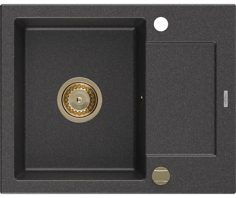 Mexen Enzo, granitový dřez 576x465x174 mm, 1-komorový, černá skvrnitá se zlatým sifonem, 6506571005-76-G